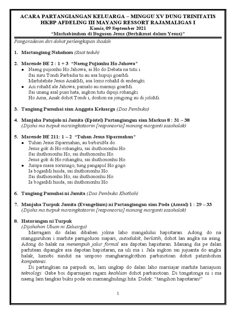 Acara Partangiangan Keluarga, 09 September 2021, XV Dung Trinitatis | PDF
