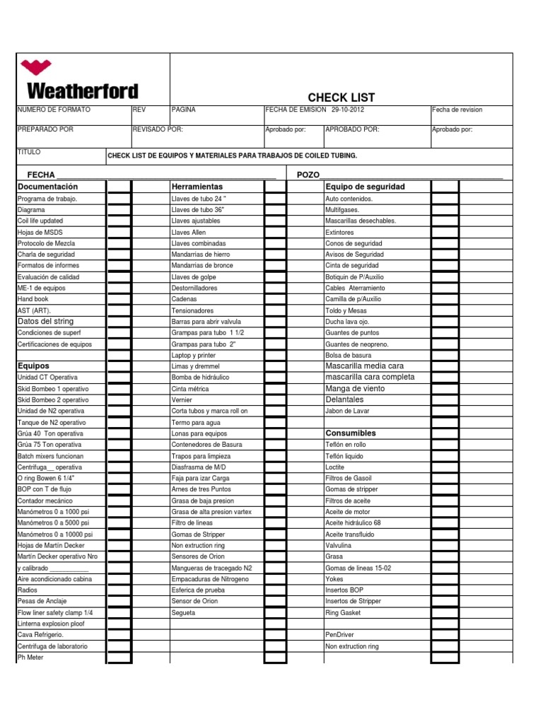Check List Verificacion de Equipos y Materiales para Servicio CT | PDF ... Check List Verificacion de Equipos y Materiales para Servicio CT | PDF ...