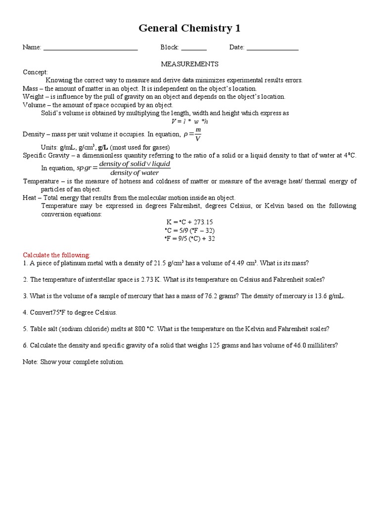 Chemistry Measurements and Calculations Guide | PDF | Density | Temperature