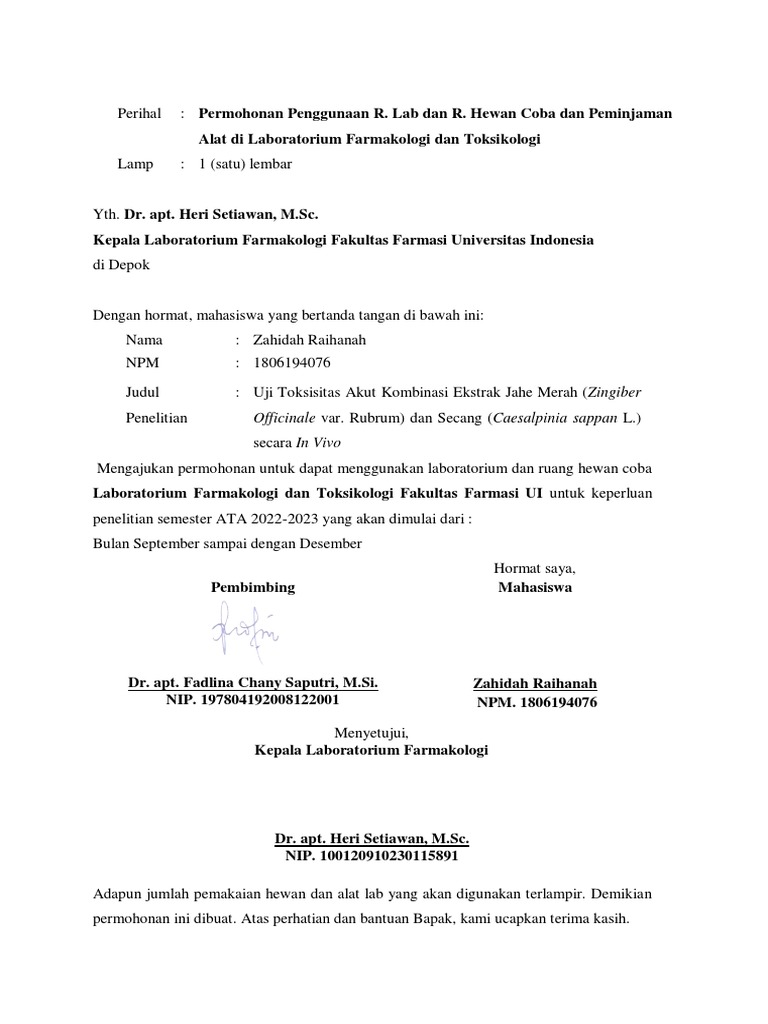 Zahidah - Surat Izin Penggunaan Lab | PDF