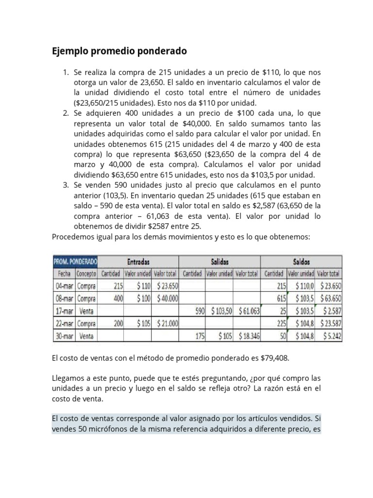 Cálculo del costo promedio ponderado para determinar el valor de inventario y costo de ventas | PDF