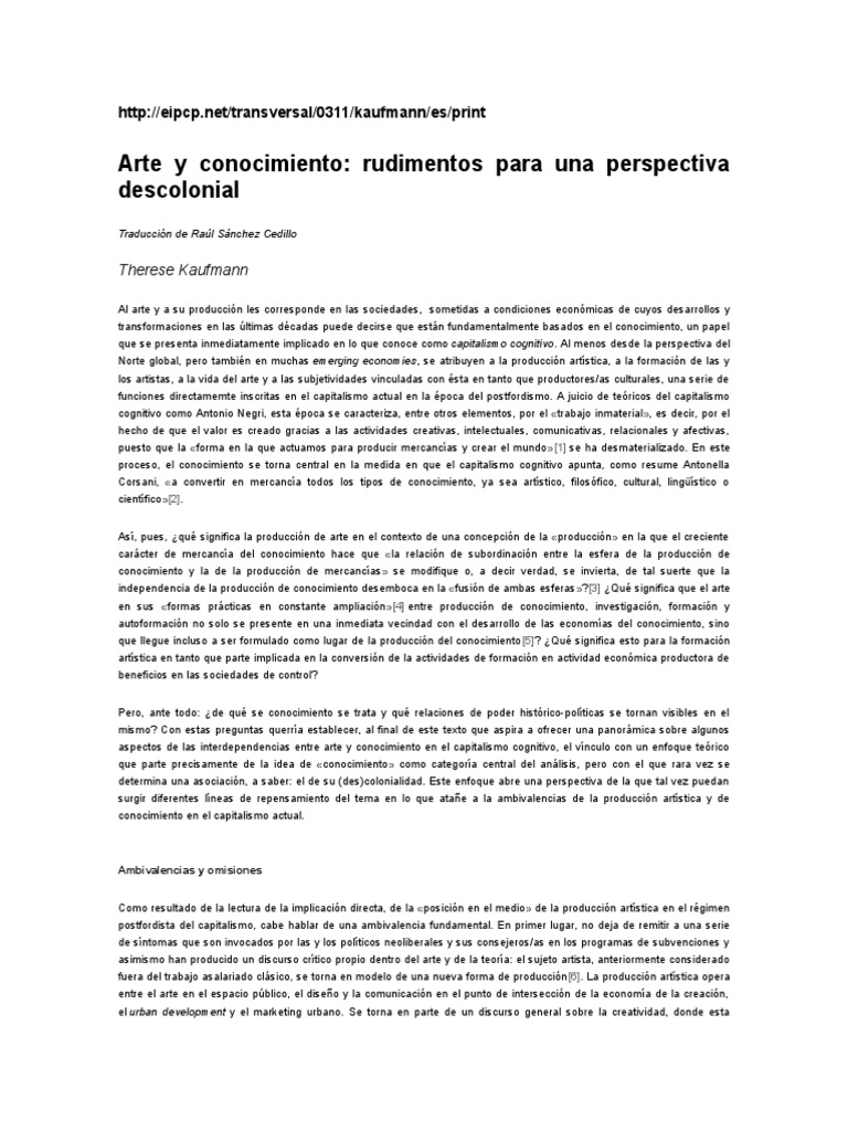 Arte y Conocimiento-Rudimentos para Una Perspectiva Decolonial (Therese ...