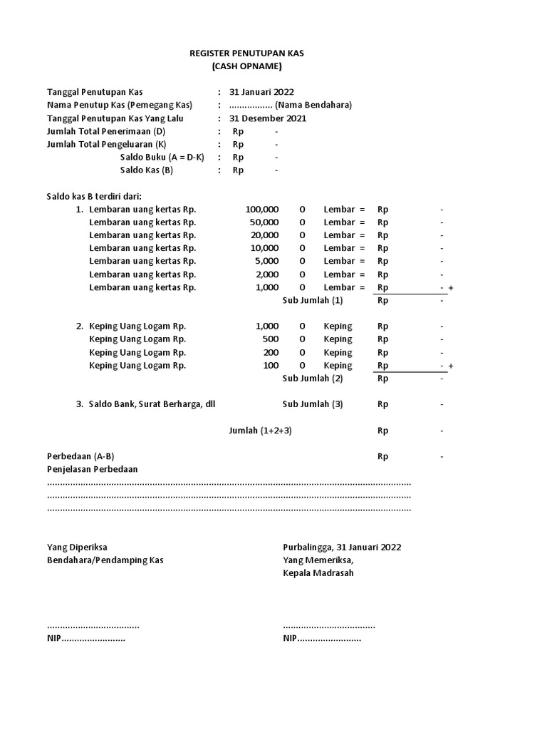 Register Penutupan Kas (Cash Opname) | PDF