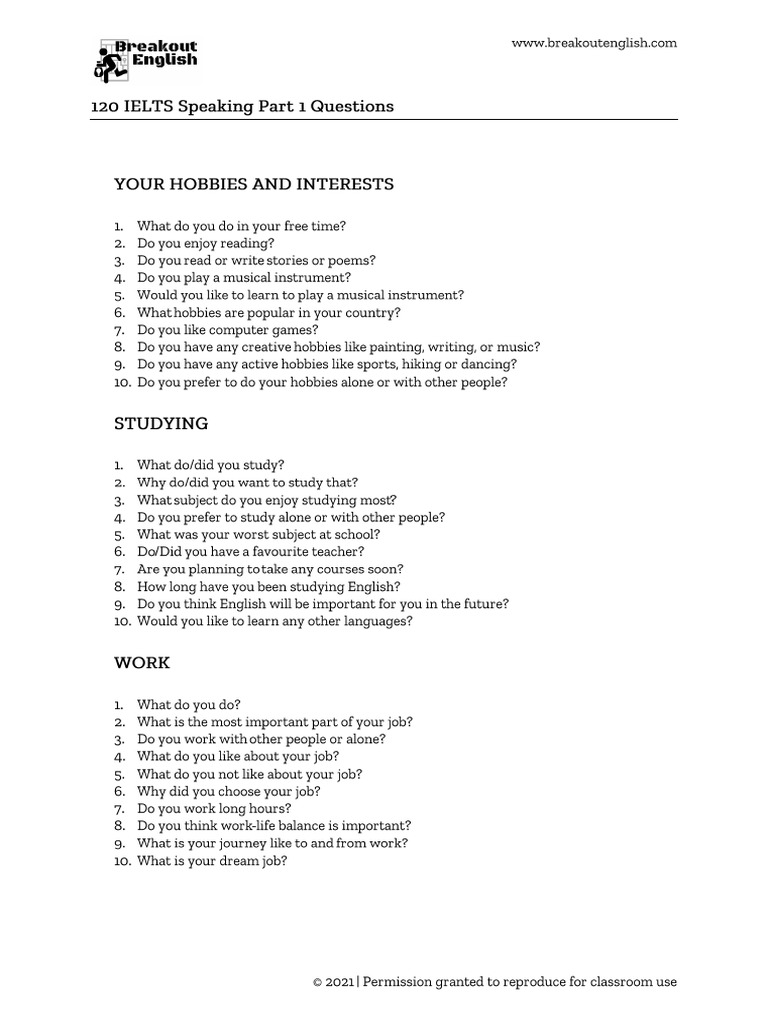120 IELTS Speaking Part 1 Questions | PDF