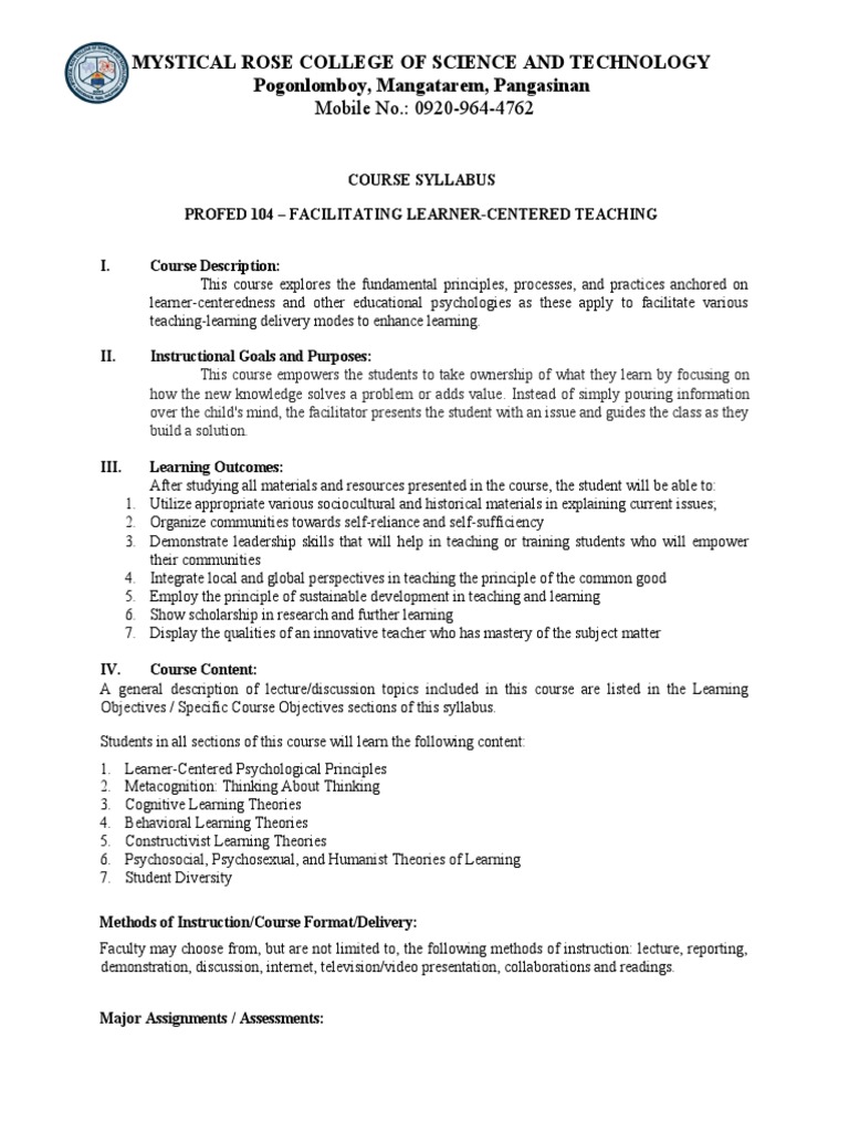 Profed104 - Course Syllabus | PDF | Learning Theory (Education) | Learning