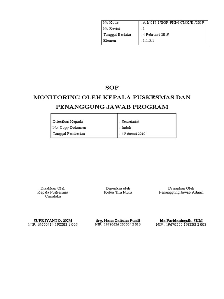 1.1.5.1 SOP Monitoring Oleh Ka Pusk Dan Pen. JWB Program 2019 | PDF