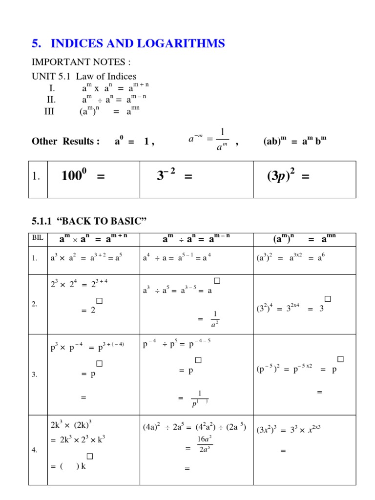 5 Indices & Logarithms | PDF | Logarithm | Elementary Mathematics