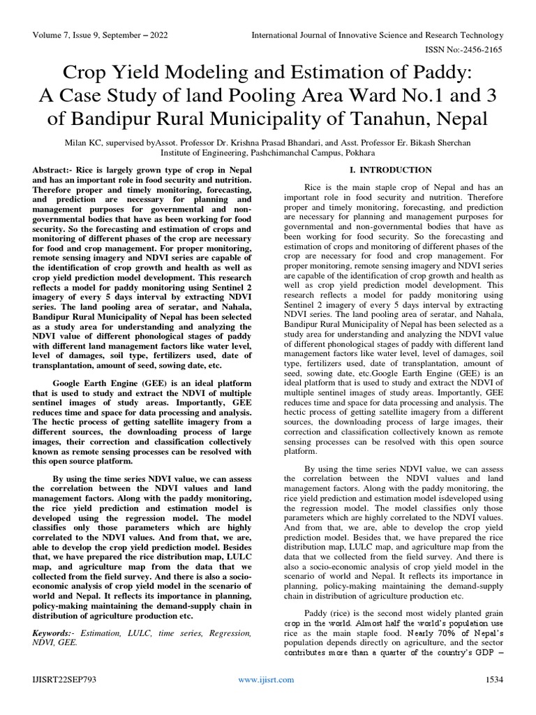 Crop Yield Modeling and Estimation of Paddy A Case Study of Land Pooling Area Ward No.1 and 3 of ...