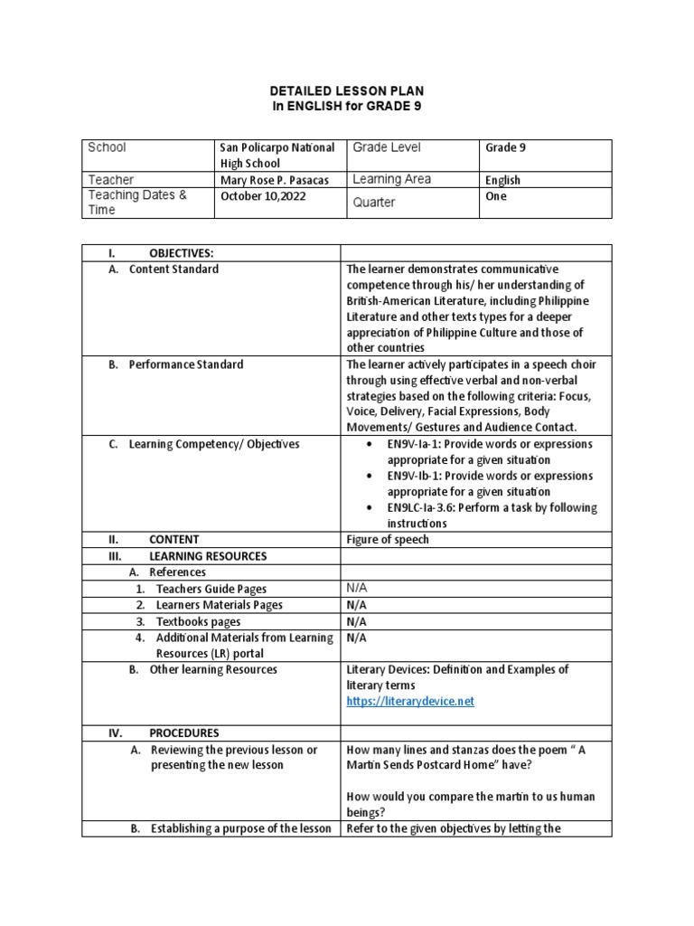 Detailed Lesson Plan in English For Grade 9 | PDF | Metaphor | Learning