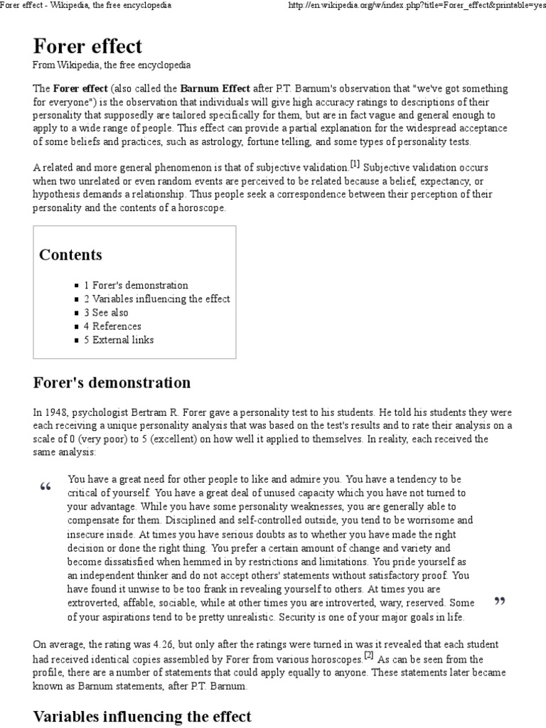 Forer Effect - Wikipedia, The Free Encyclopedia | PDF | Psychology ...
