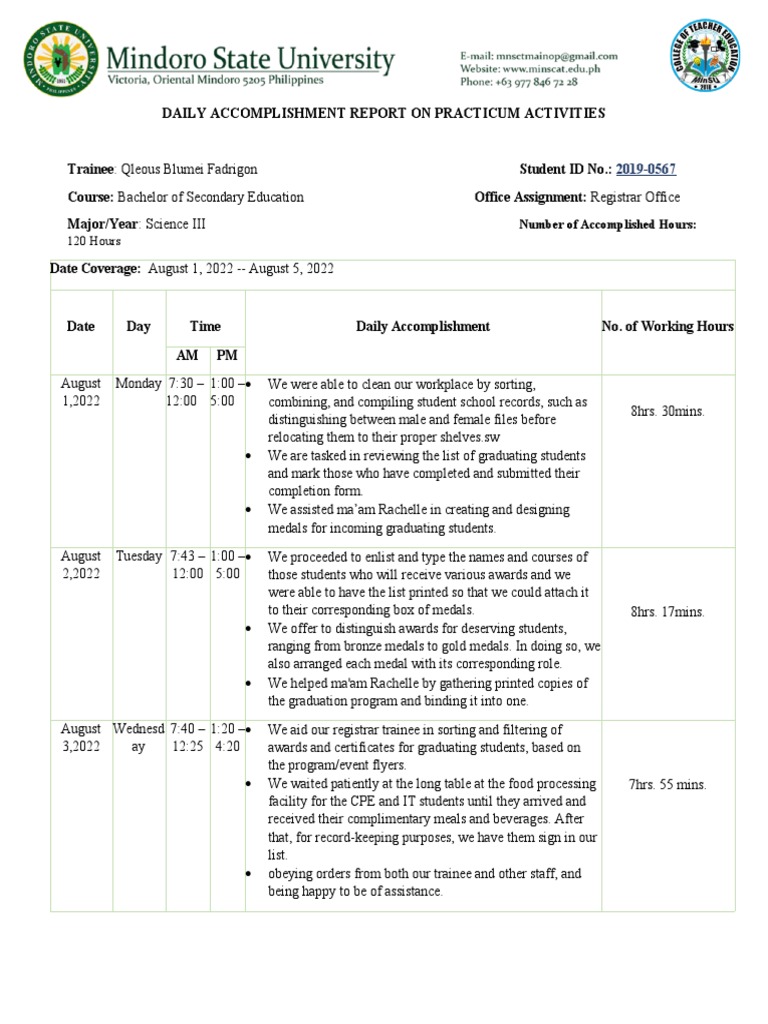 ACCOMPLISHMENT REPORT ON PRACTICUM ACTIVITIES - Week 1 (AutoRecovered) | PDF | Mail | Birth ...