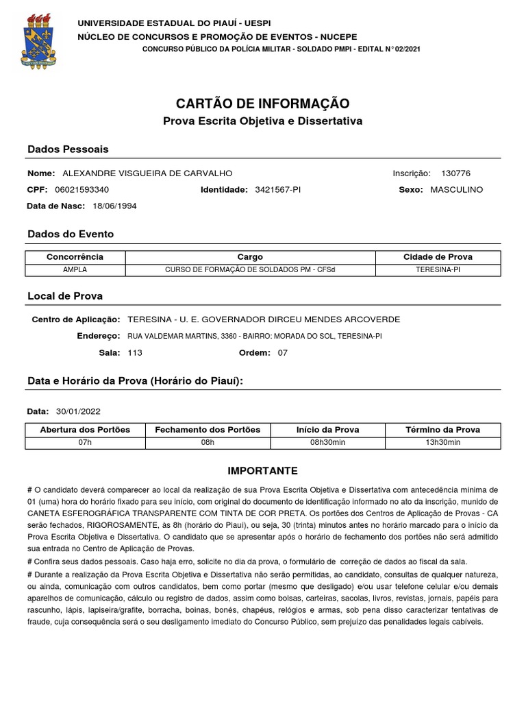 Informações sobre Prova PMPI 2022 | PDF