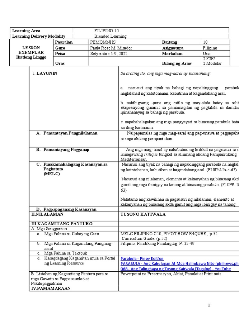 FILIPINO 10 Q1-Week3-PMMirador SCRIBD | PDF