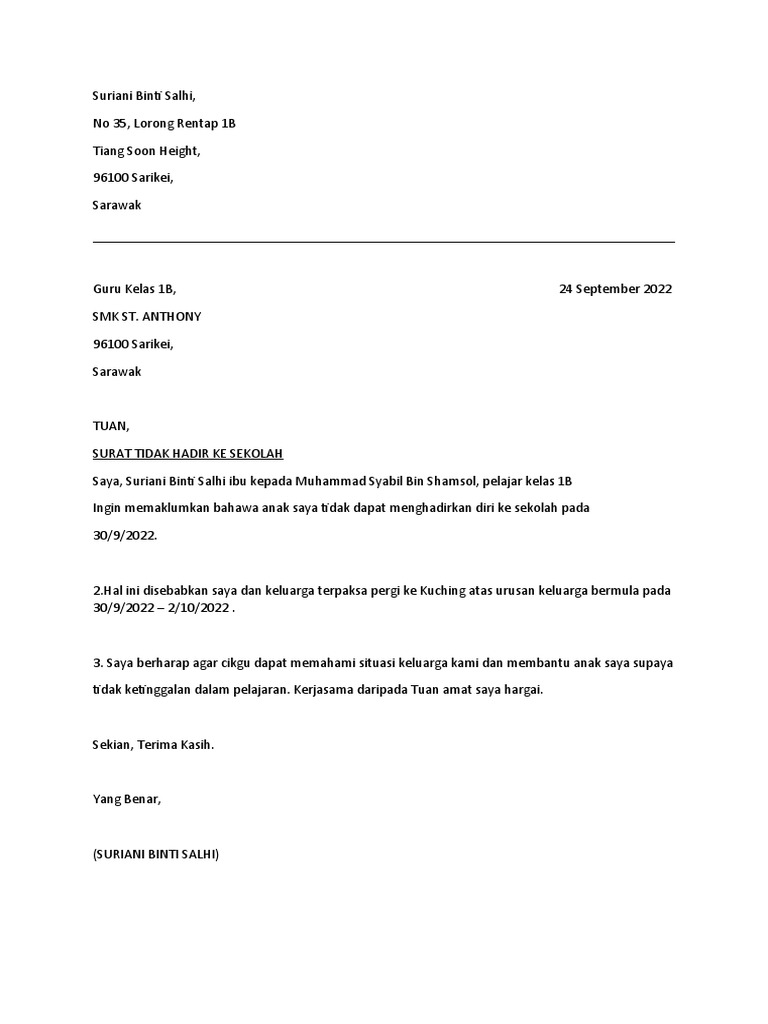 Surat Tidak Hadir (Sekolah) | PDF
