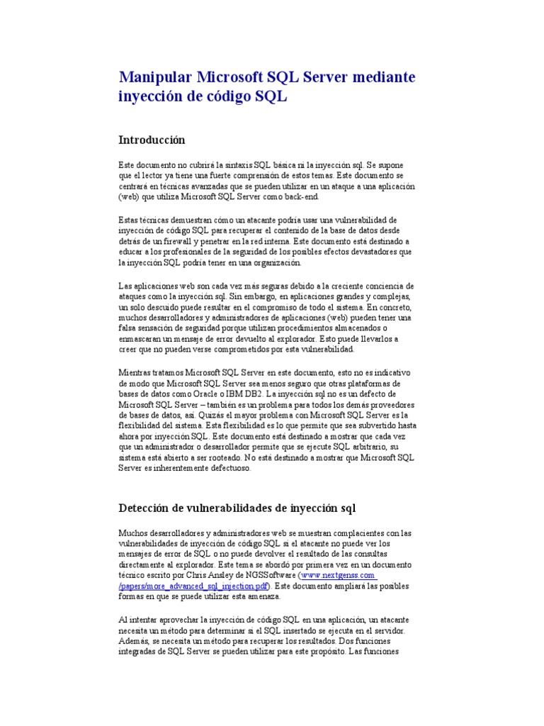 ESP Manipulating Microsoft SQL Server Using SQL Injectio1 | PDF