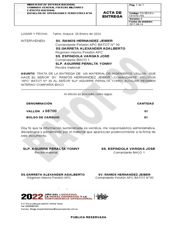 Acta de Entrega Vallon Baco | PDF