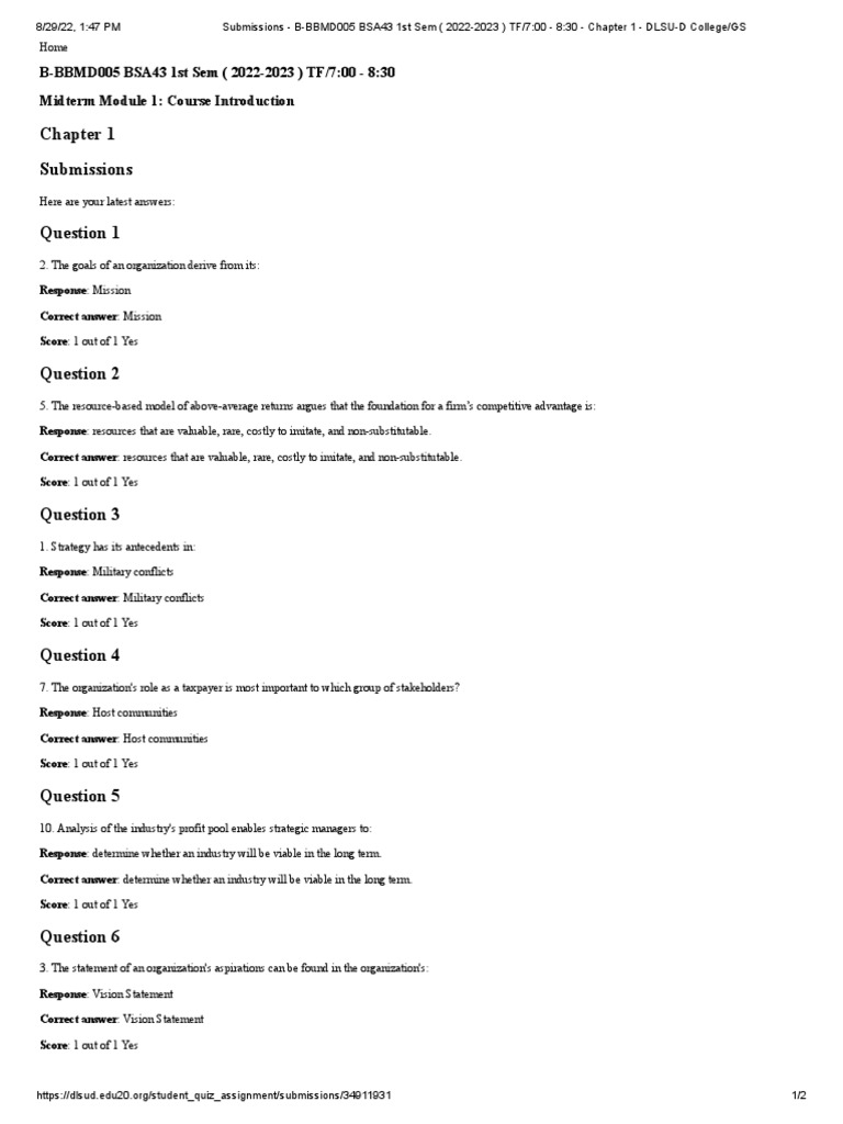 Strategic Management Quiz Chapter 1 | PDF | Globalization | Competitive ...