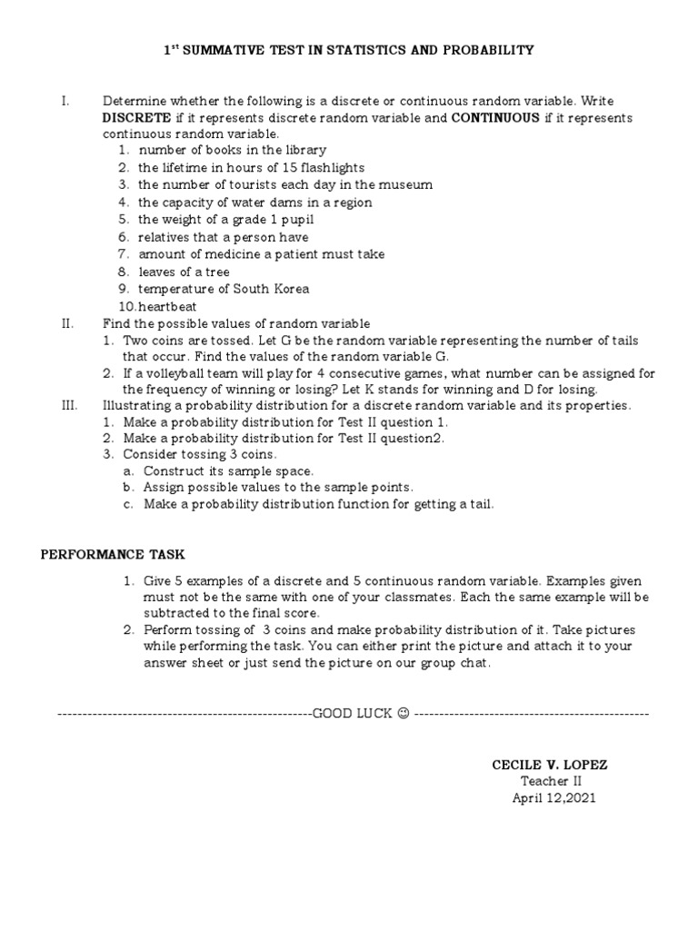 1st SUMMATIVE TEST IN STATISTICS AND PROBABILITY | PDF | Probability ...