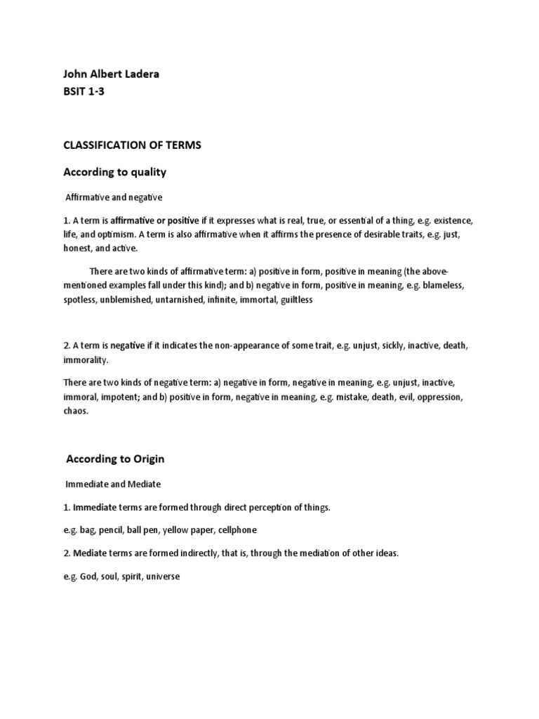 Classifying Terms According to Quality, Origin, Nature, Meaning and Relation | PDF