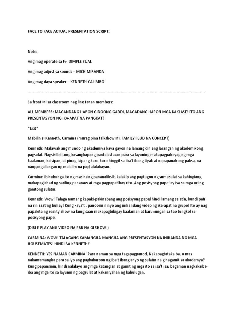 Face To Face Actual Presentation Script | PDF