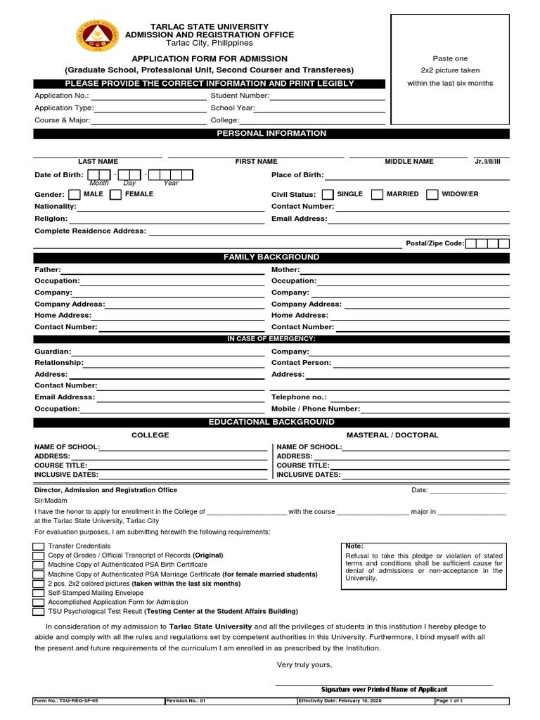TSU Application Form for Admission | PDF