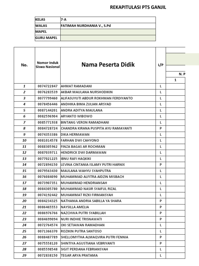 Rekapitulasi Nilai PTS Ganjil Kelas 7-A | PDF
