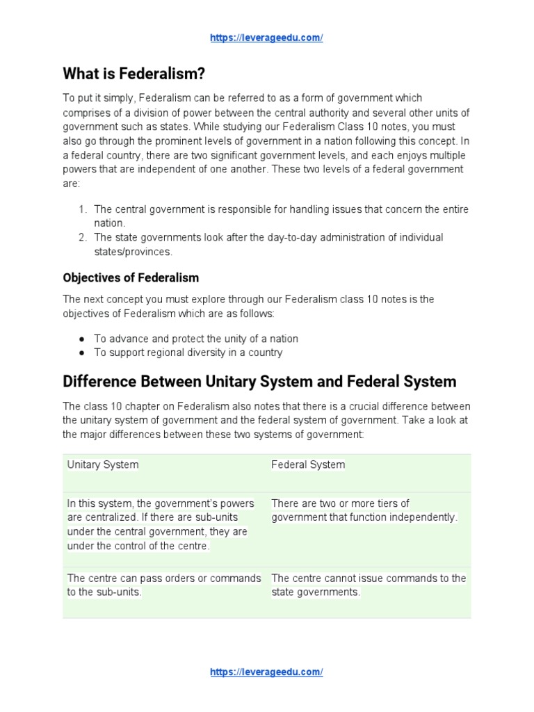 Federalism Class 10 Notes | PDF | Federation | Governance