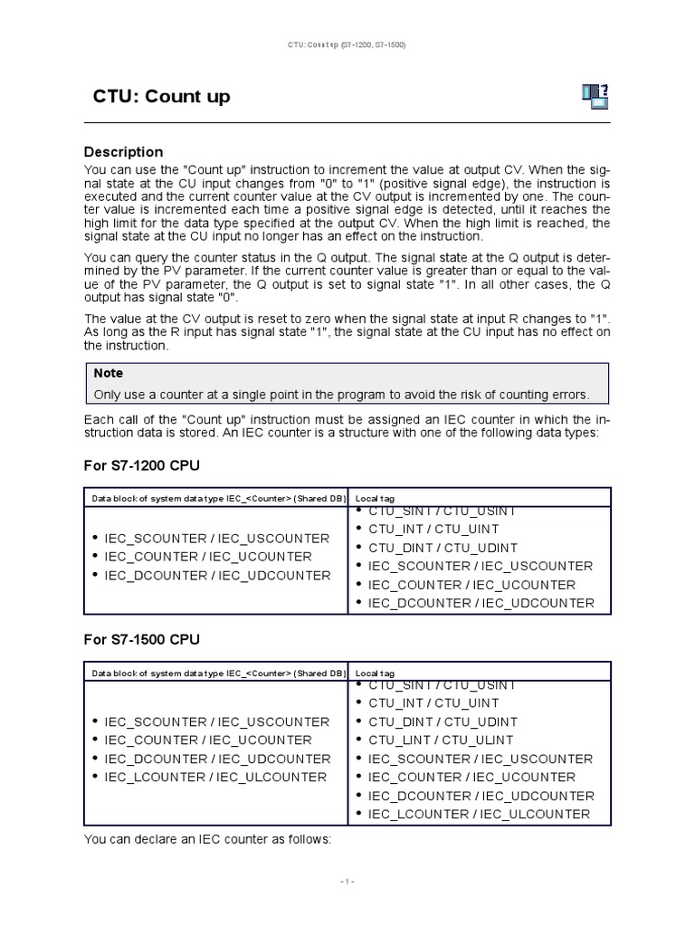 CTU: Count up Instruction - Description, Parameters, Examples for S7-1200 and S7-1500 PLCs | PDF ...