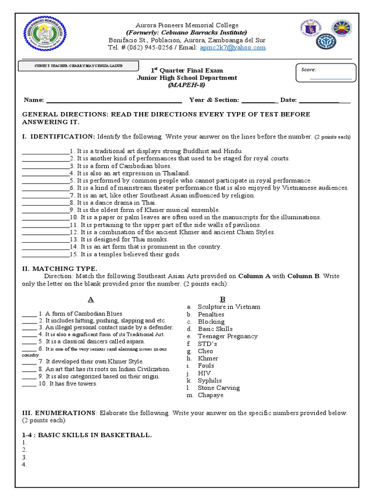 Mapeh 8 - Final TQ | PDF | Cambodia | Thailand