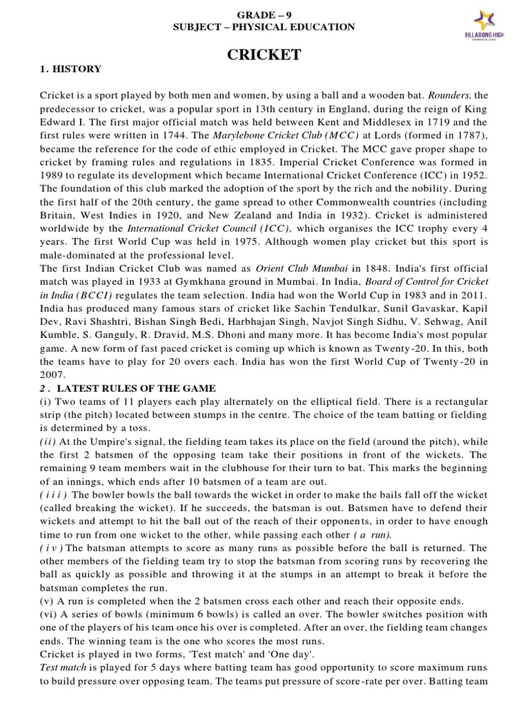 Resource Material PE Cricket | PDF | Bowling (Cricket) | Sports