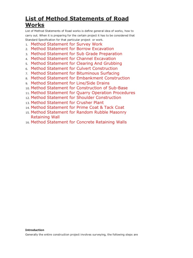 Method Statements of Road Works | PDF | Quality Assurance | Concrete