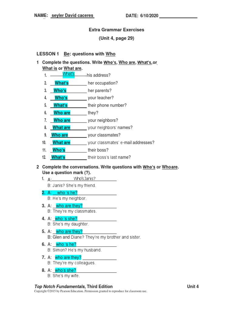 Fund UNIT - 04 - Extra - Grammar - Exercises Acm Ejercico 4 Ingles 1 | PDF | Cognitive Science ...