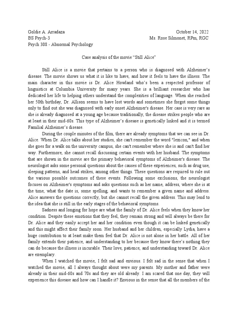 Analysis of "Still Alice" Film | PDF | Alzheimer's Disease | Cognitive ...