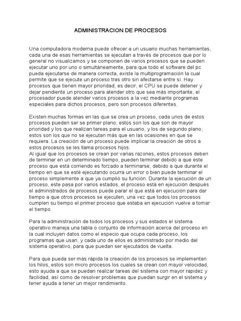 Ensayo Administracion de Procesos | PDF | Hilo (Computación) | Proceso (Computación)