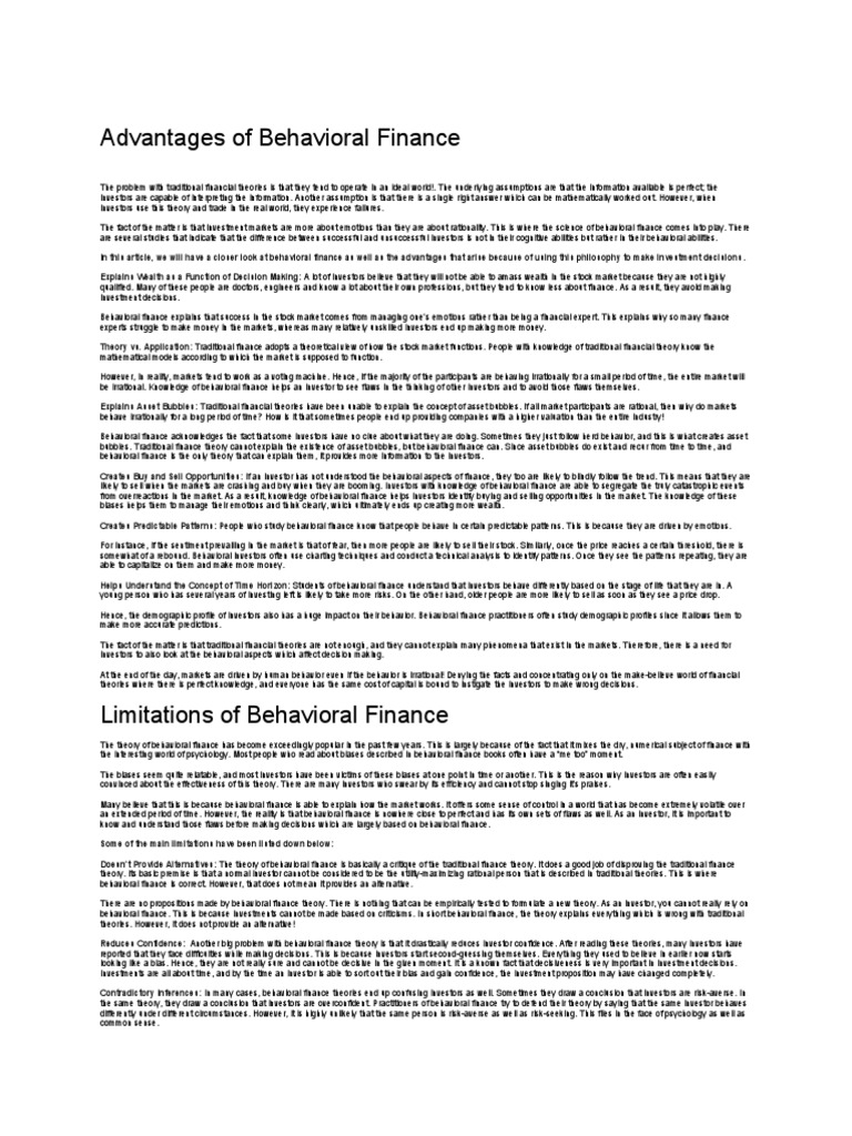 Behavioural Finance Advantages and Disadvantages | PDF | Behavioral ...
