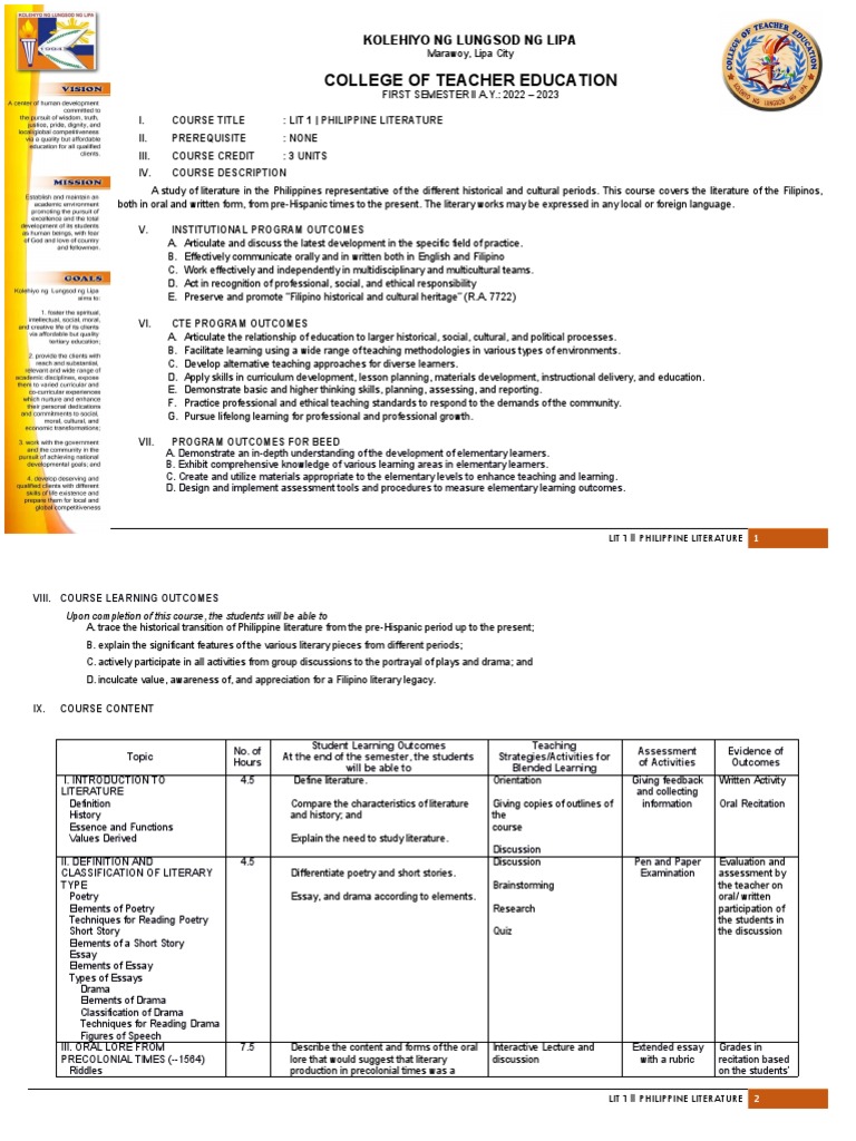 Philippine Literature Edited | PDF | Teaching Method | Learning