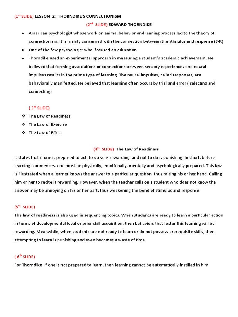 Thorndike's Connectionism and Learning Laws | PDF | Learning ...