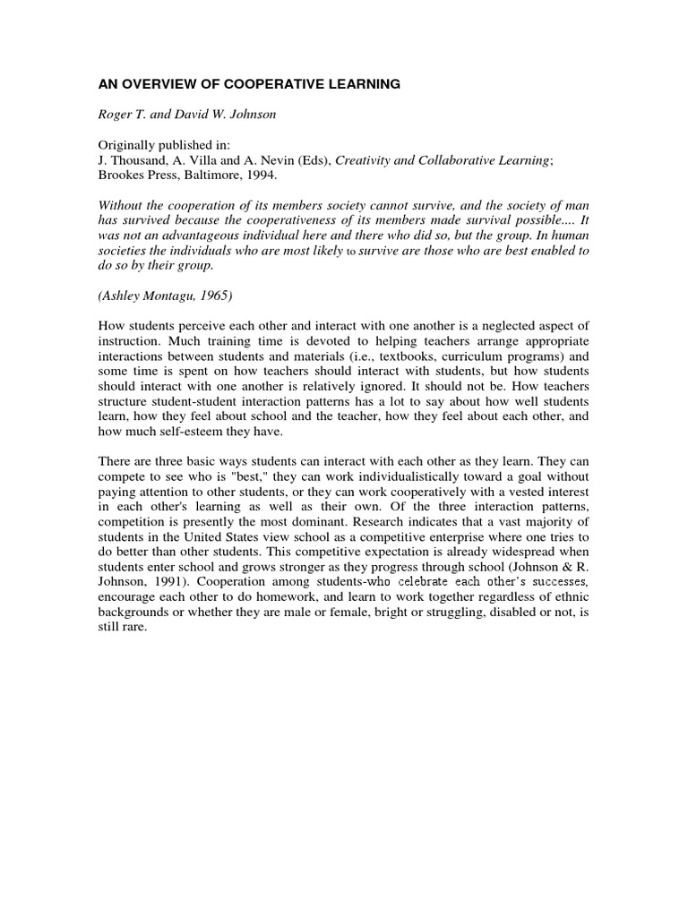 An Overview Of Cooperative Learning Pdf Teachers Cognition