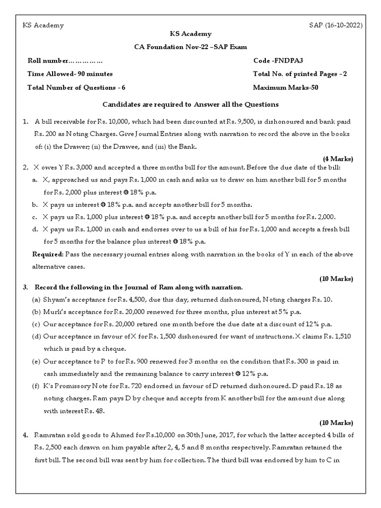 CA FND N22 - SAP 3 Acc BOE QP Revised | PDF | Cheque | Service Industries