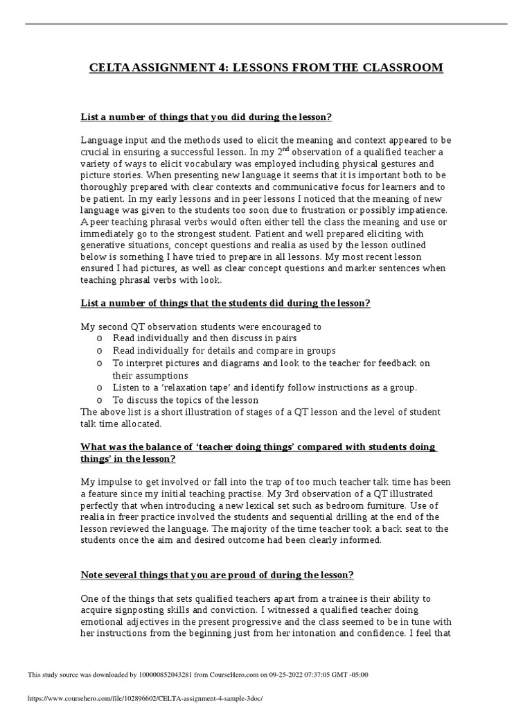 CELTA Assignment 4 Sample 3.Doc | PDF | Teachers | Lesson Plan