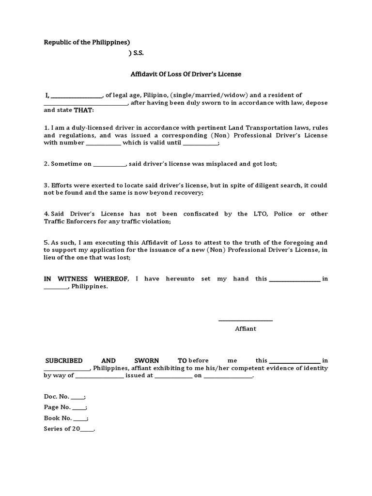 Affidavit of Loss of Driver's License | PDF
