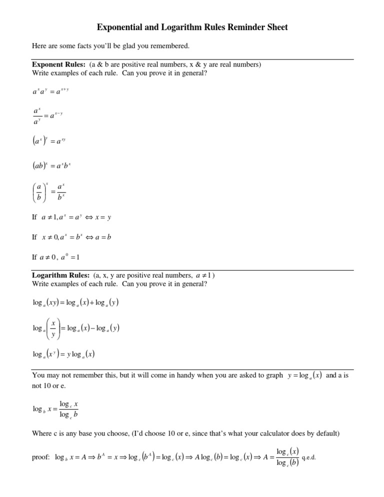 Exponential and Logarithm Rules Reminder Sheet | PDF