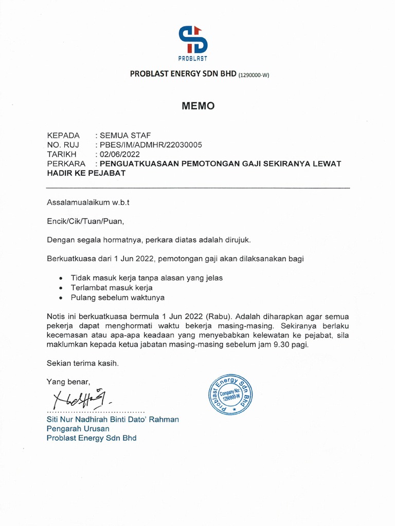 Memo Pemotongan Gaji | PDF