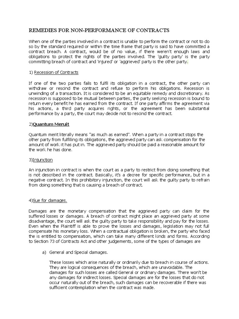 Remedies For Non Performance of Contracts | Download Free PDF | Damages ...