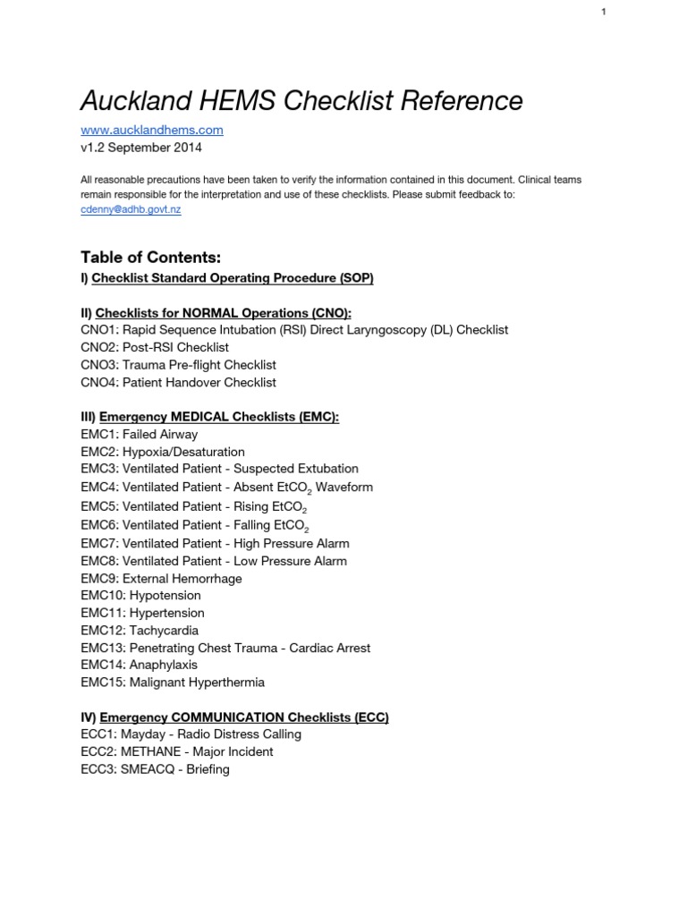 Auckland HEMS Checklist Reference 2014 | PDF | Physiology | Clinical ...