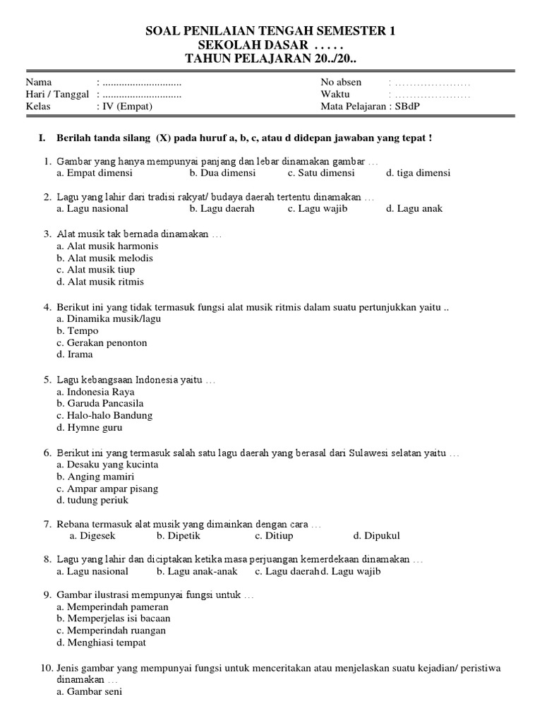 Soal PTS SBDP Kelas 4 Semester 1 | PDF | Seni & Disiplin Bahasa