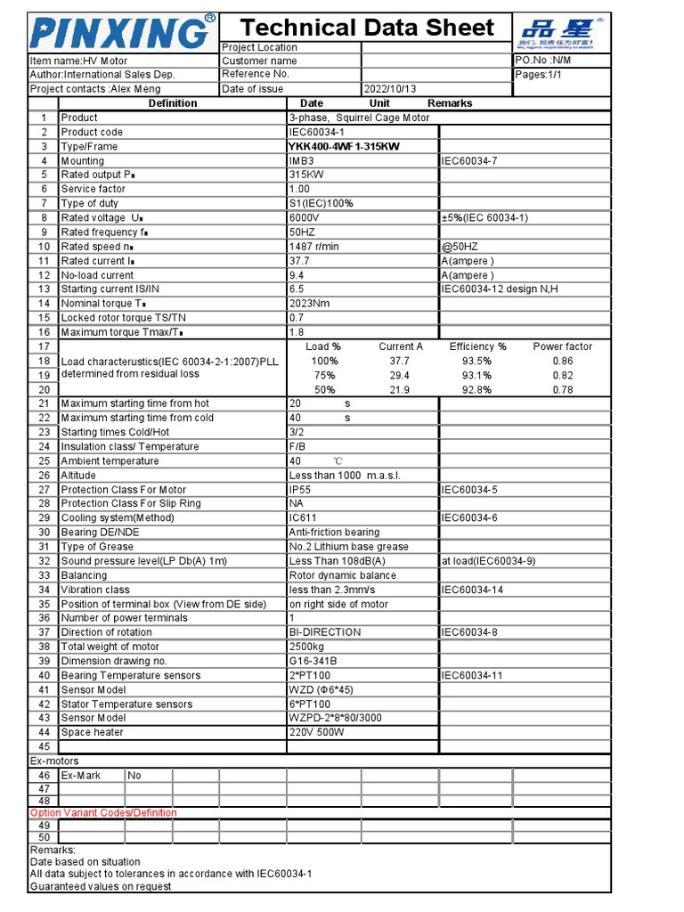 Technical Data YKK400-4WF1-315KW 6KV 50HZ IP55 IC611 | PDF | Electric Motor | Manufactured Goods
