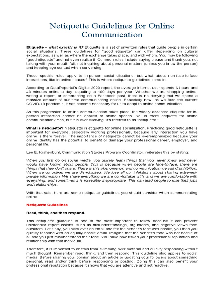 Netiquette Guidelines For Online Communication (Soc Sci 111) | PDF ...