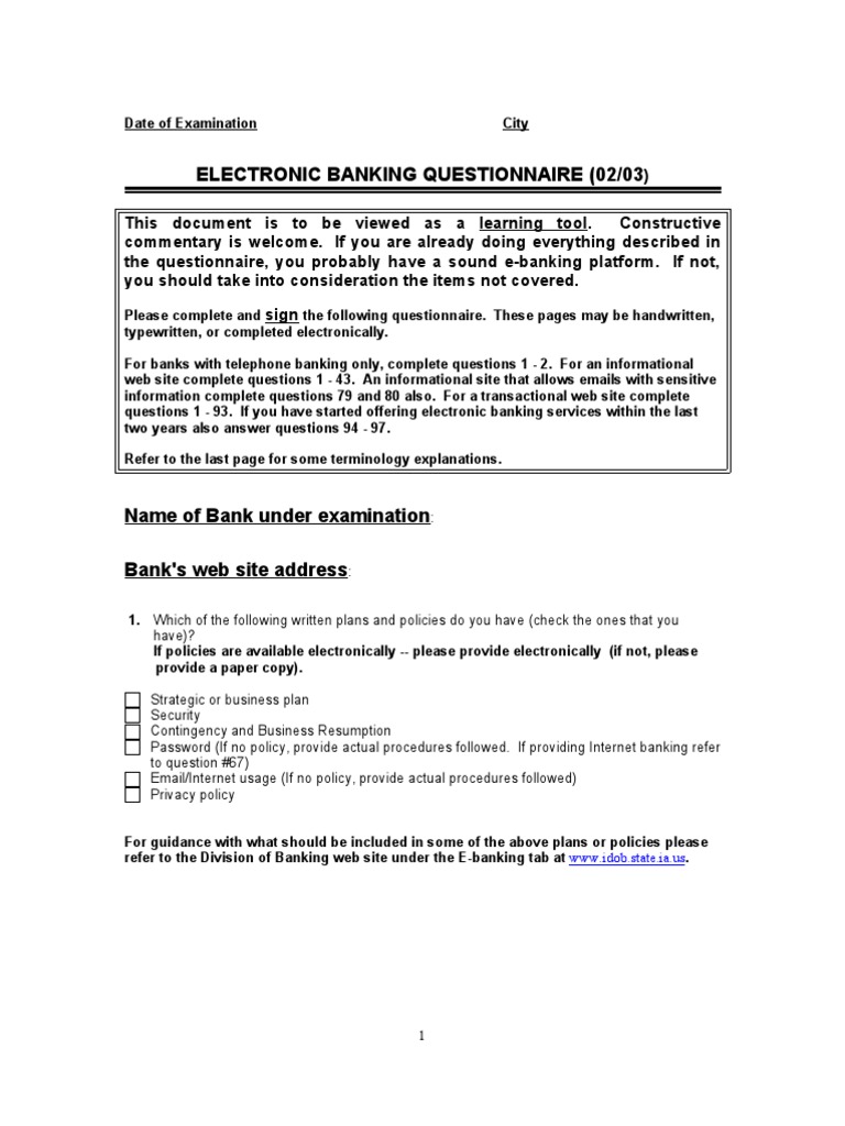 Electronic Banking Questionnaire | PDF | Online Banking | Banks & Banking