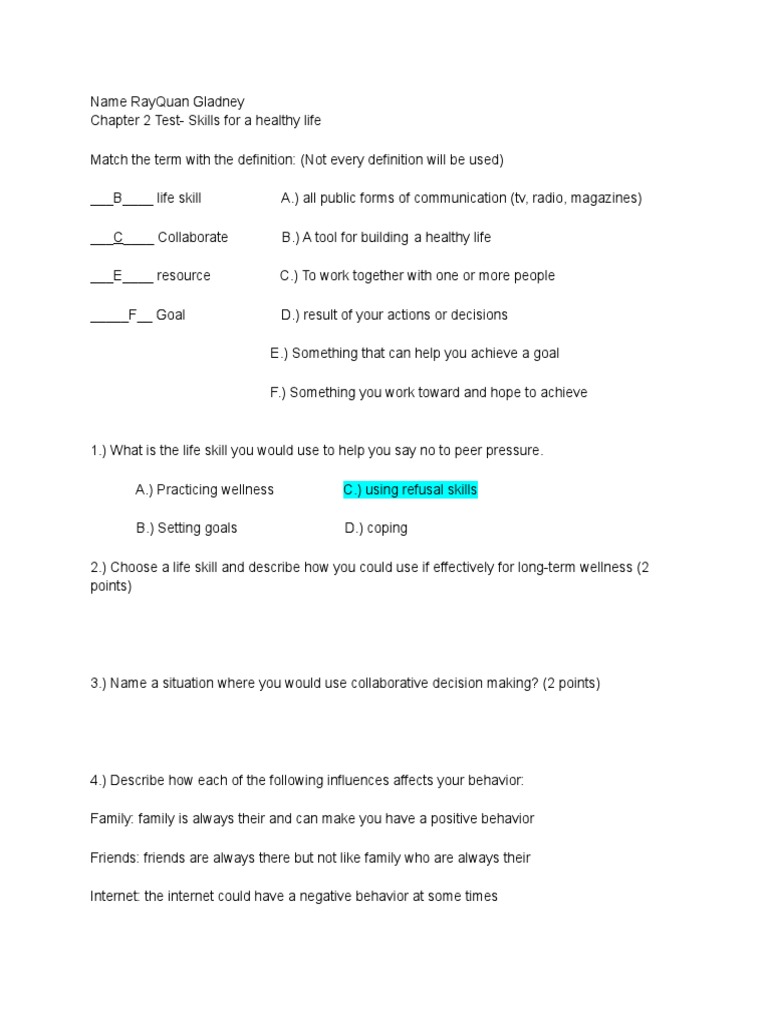 Chapter 2 Test - Skills For A Healthy life-RayQuan | PDF
